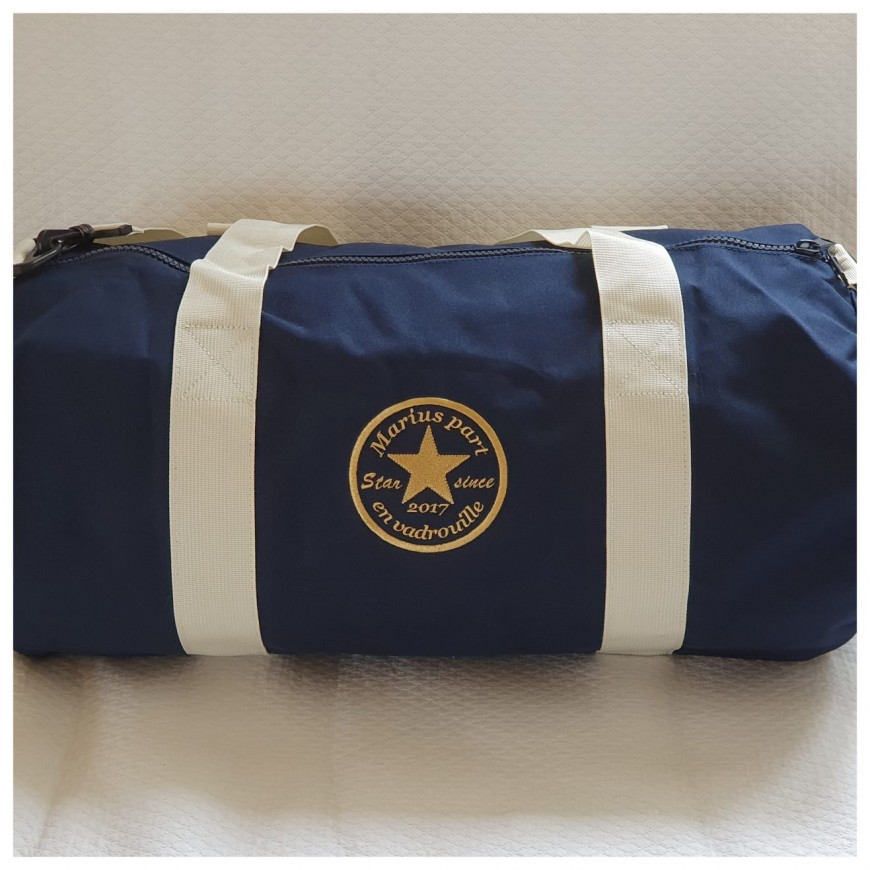 Sac polochon marine et écru brodé